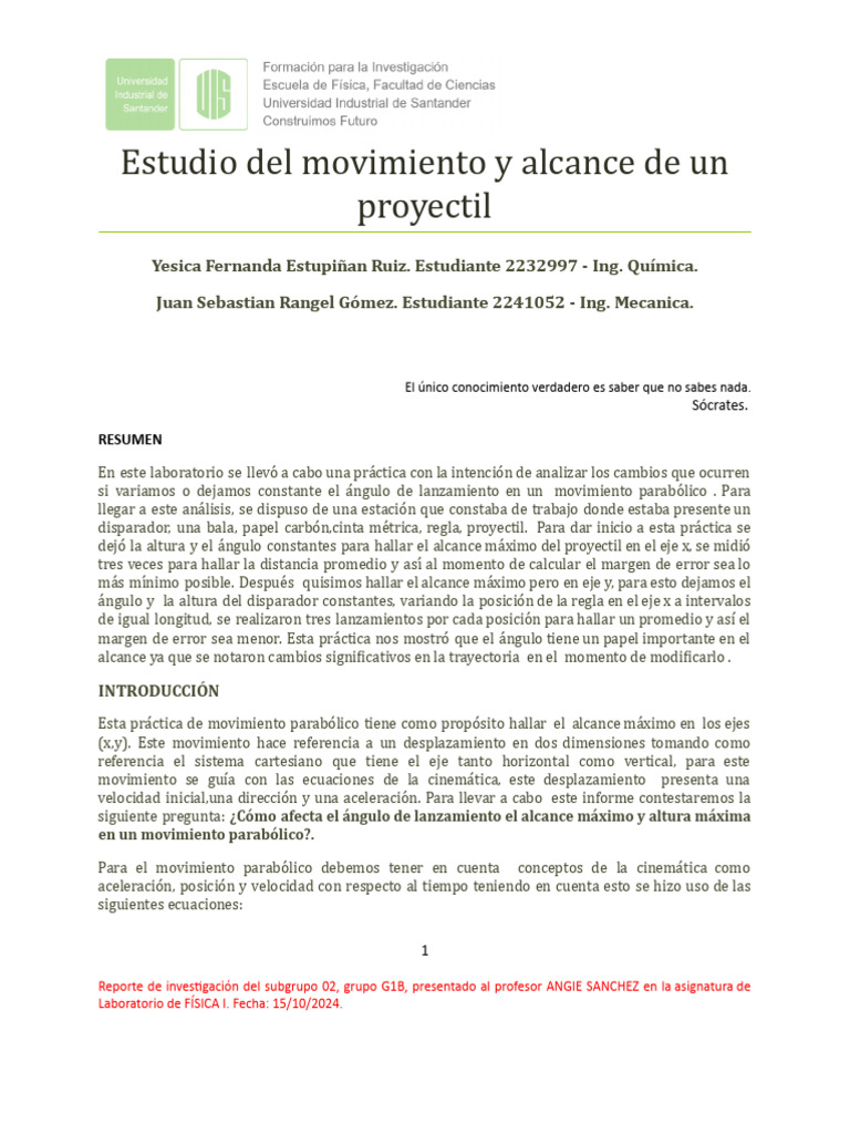 Informe #3 Estudio Del Movimiento y Alcance de Un Proyectil - Yesica ...