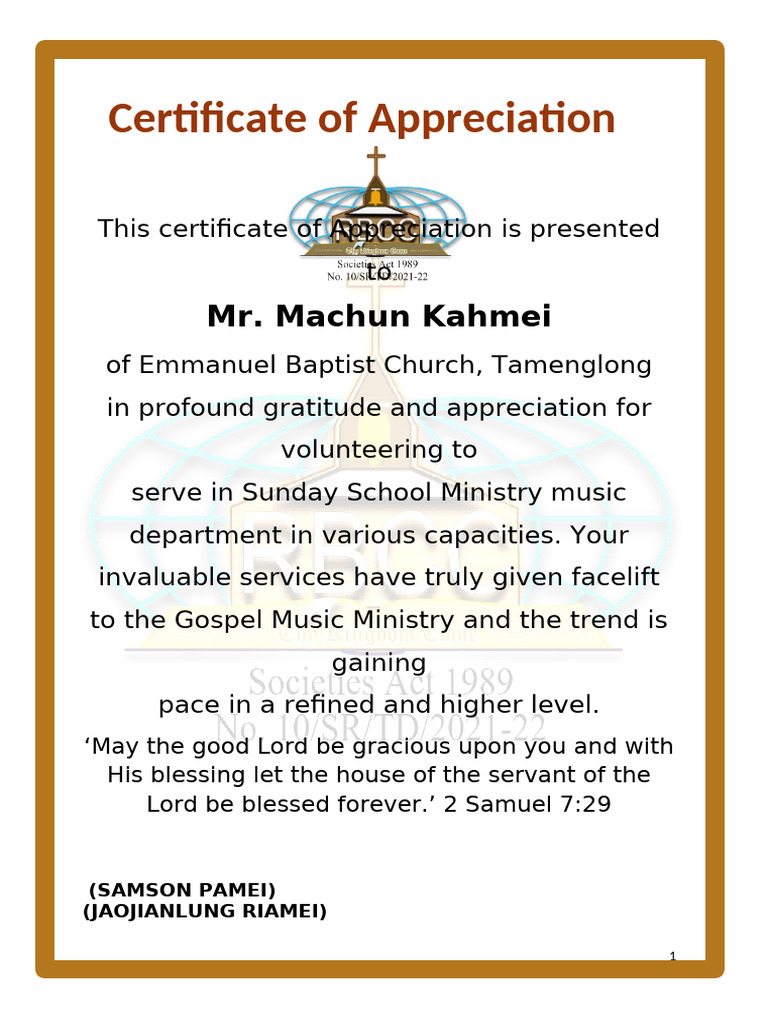 Certificate of Appreciation To Prev. | PDF | Christian Movements | Evangelicalism