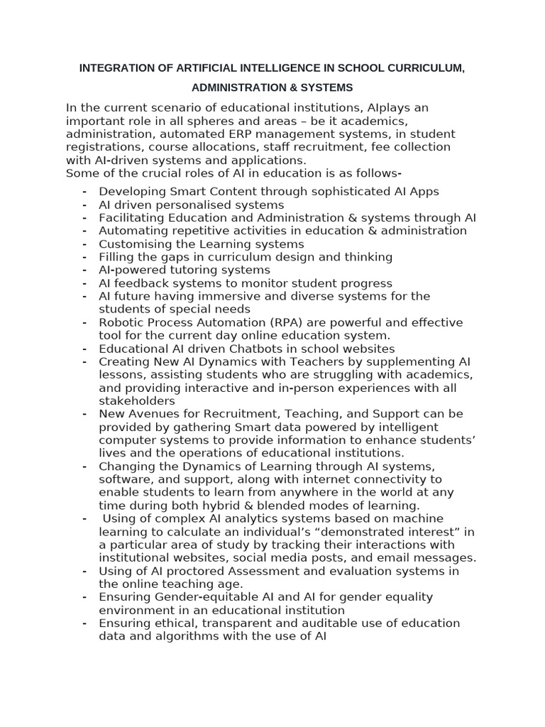 Integration of Artificial Intelligence in School Curriculum | PDF