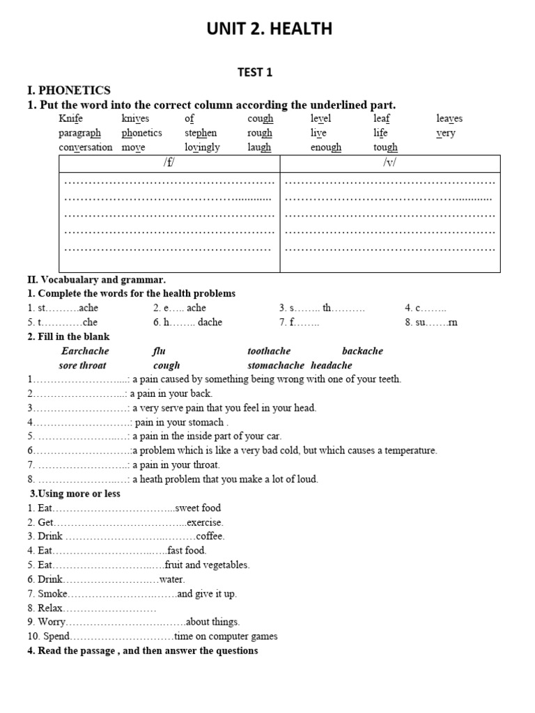 Bai Tap Unit 2 Health Tieng Anh 7 | PDF | Common Cold