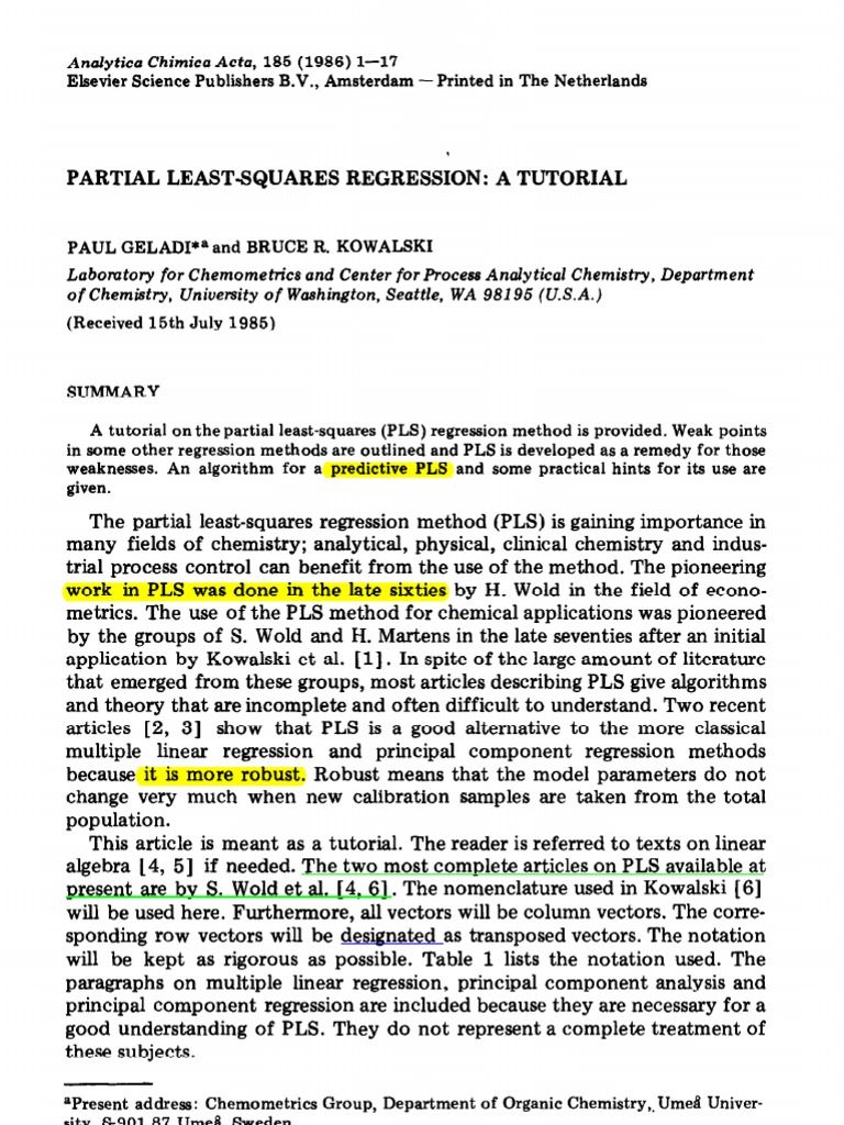 Partial Least Squares Regression A Tutorial | PDF | Principal Component ...