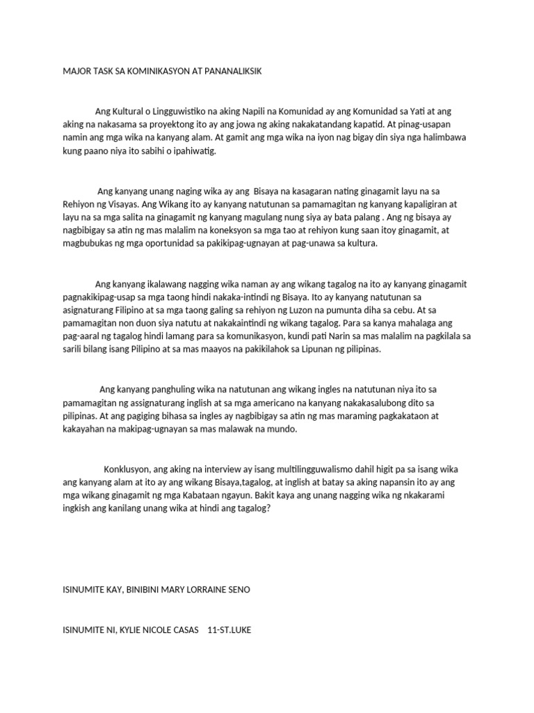 MAJOR TASK SA KOMINIKASYON AT PANANALIKSIK | PDF