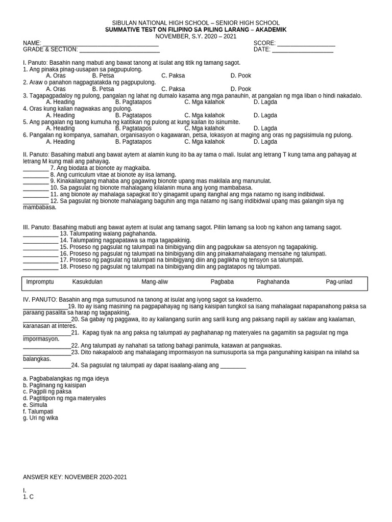Summative Test First Cycle November 2020-2021 | PDF