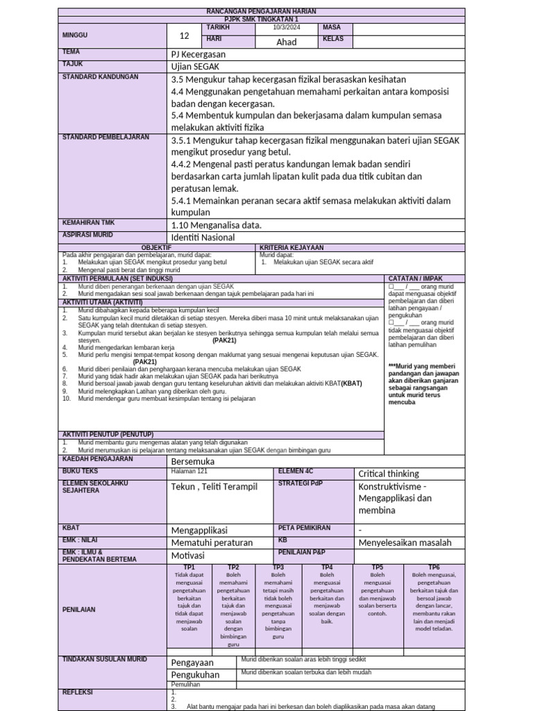 RPH SMK MINGGU 12 PJPK TINGKATAN 1 2024-2025 BY CIKGU GORGEOUS | PDF