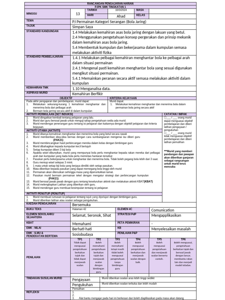 RPH SMK Minggu 13 PJPK Tingkatan 1 2024-2025 by Cikgu Gorgeous | PDF