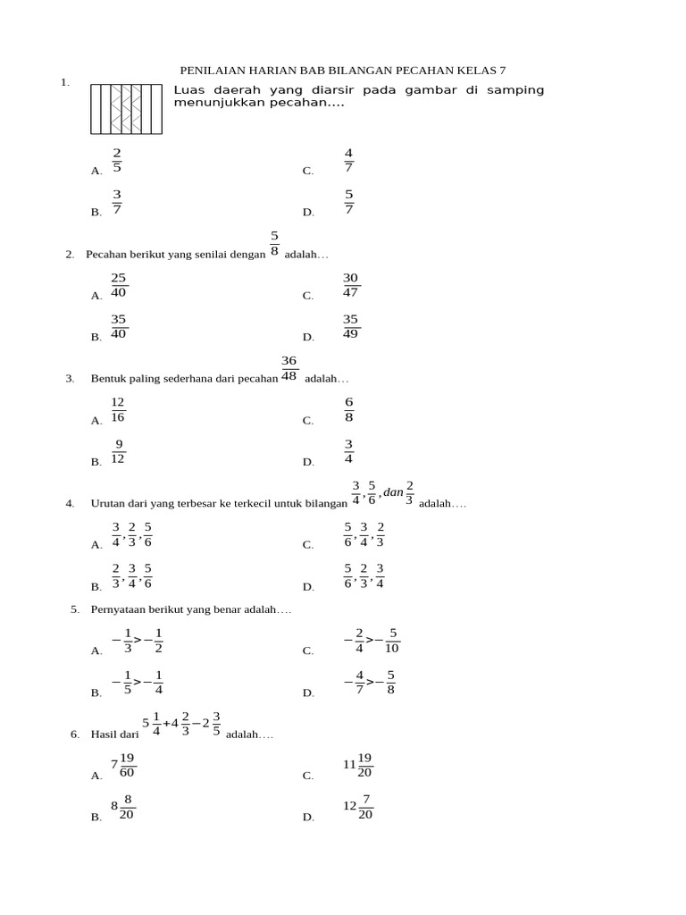 PENILAIAN HARIAN BAB BILANGAN PECAHAN KELAS 7 | PDF