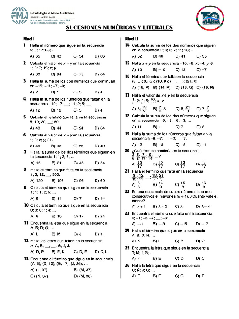 Ficha 01 Sucesiones numéricas y literales | PDF