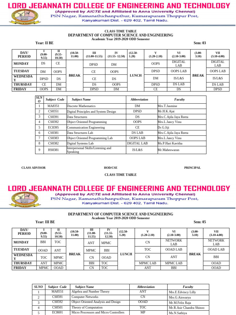 2019-2020 time table ODD | PDF | Computing | Computer Science