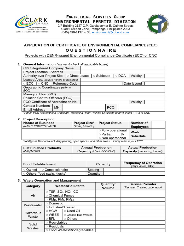 EPD Form 17 CEC Application Form For ECC & CNC Companies | PDF | Waste | Environment