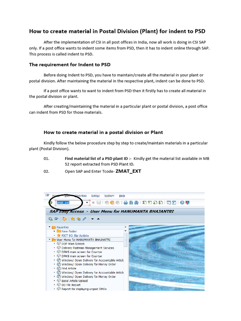 How To Create Material in Postal Division | PDF