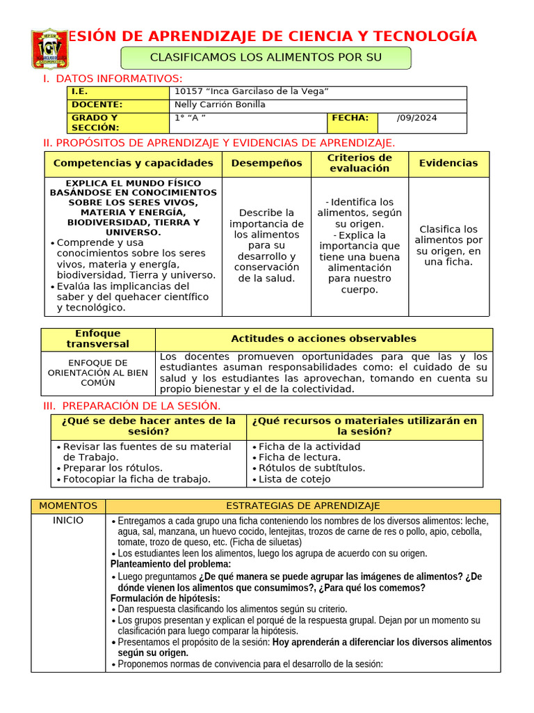 Sesión Clasificamos Los Alimentos Por Su Origen | PDF | Alimentos | Aprendizaje
