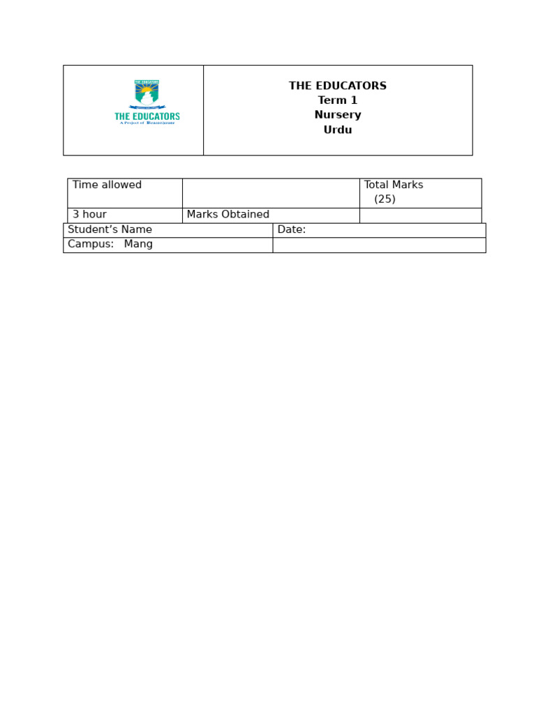 urdu nursery paper final | PDF