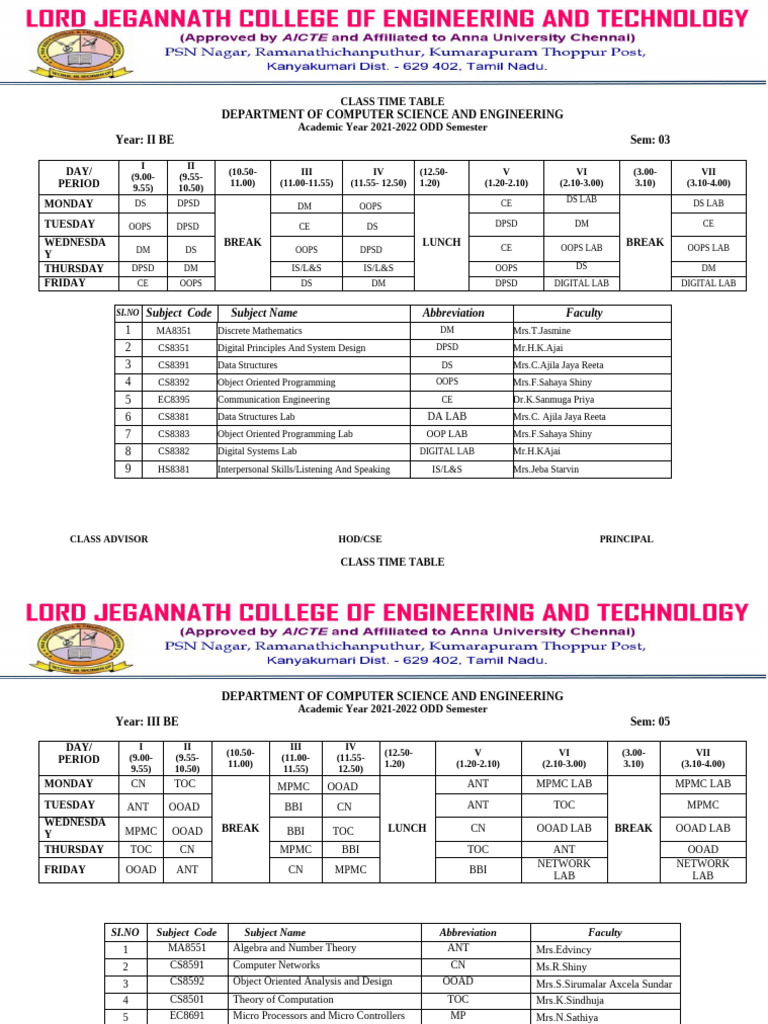 2021-2022 time table ODD | PDF | Computer Science | Computing
