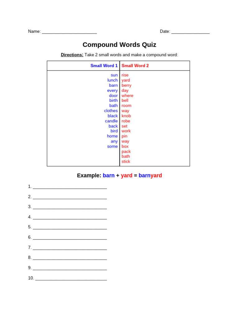 Compound Words Quiz (WS 1 & 2) | PDF