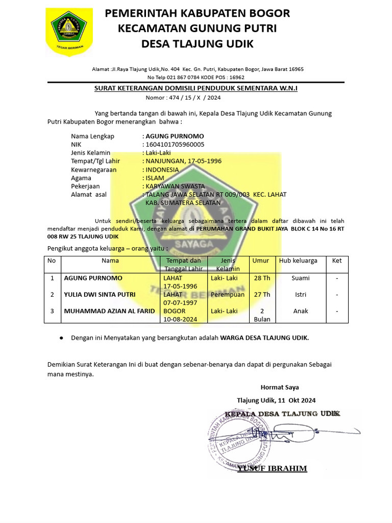 Surat Domisili Penduduk Tlajung Udik | PDF