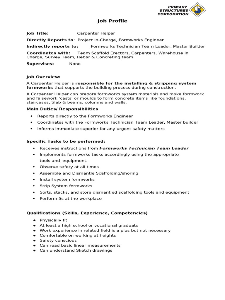 0 Job Profile - Carpenter Helper | PDF | Carpentry | Scaffolding