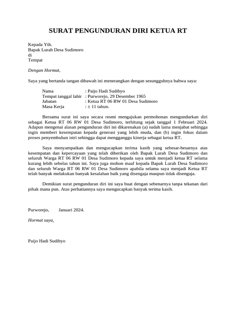 Surat Pengunduran Diri Ketua RT 06 | PDF