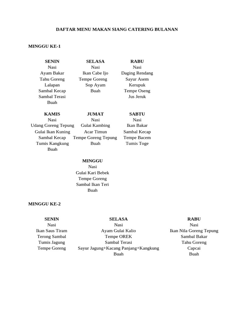 Daftar Menu Makan Siang Catering Bulanan | PDF