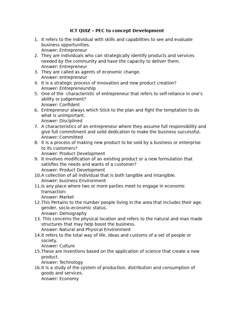 ICT QUIZ 1st Quarter - PEC To Concept Development | PDF | Entrepreneurship | Economics