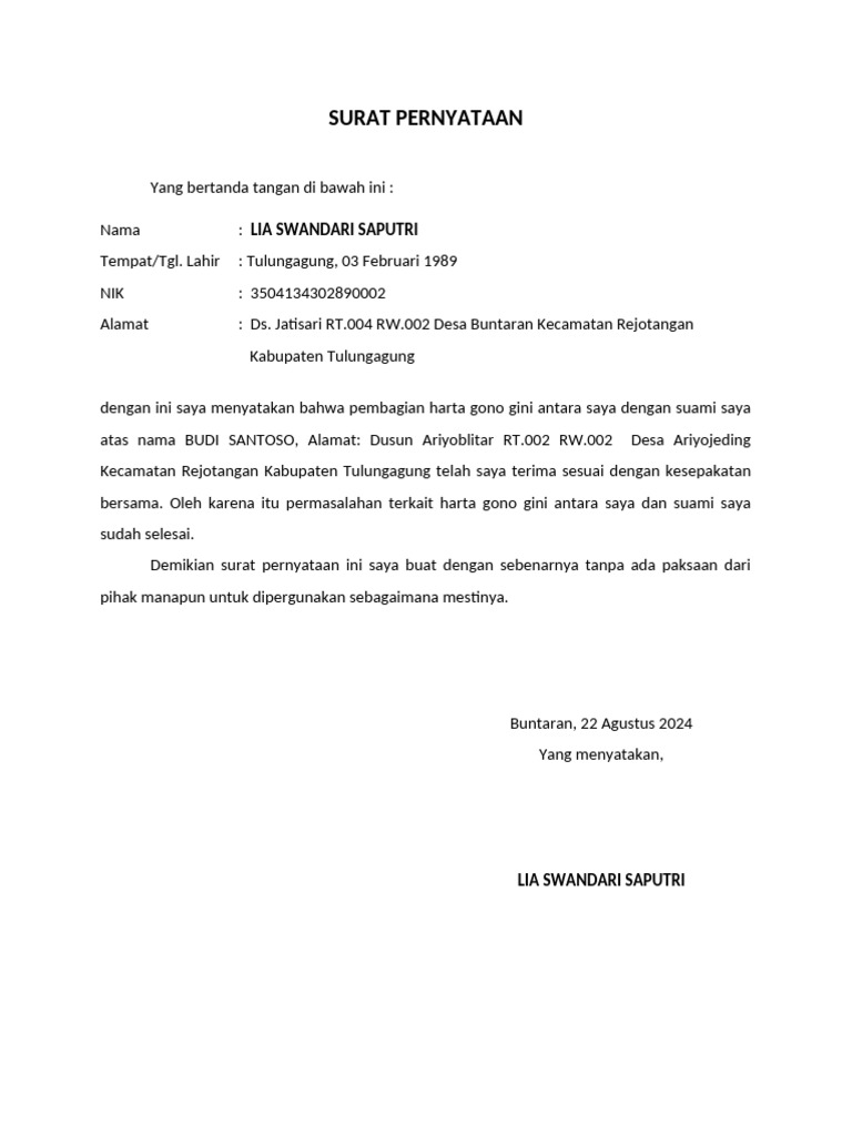 Surat Pernyataan Lia Swandari | PDF