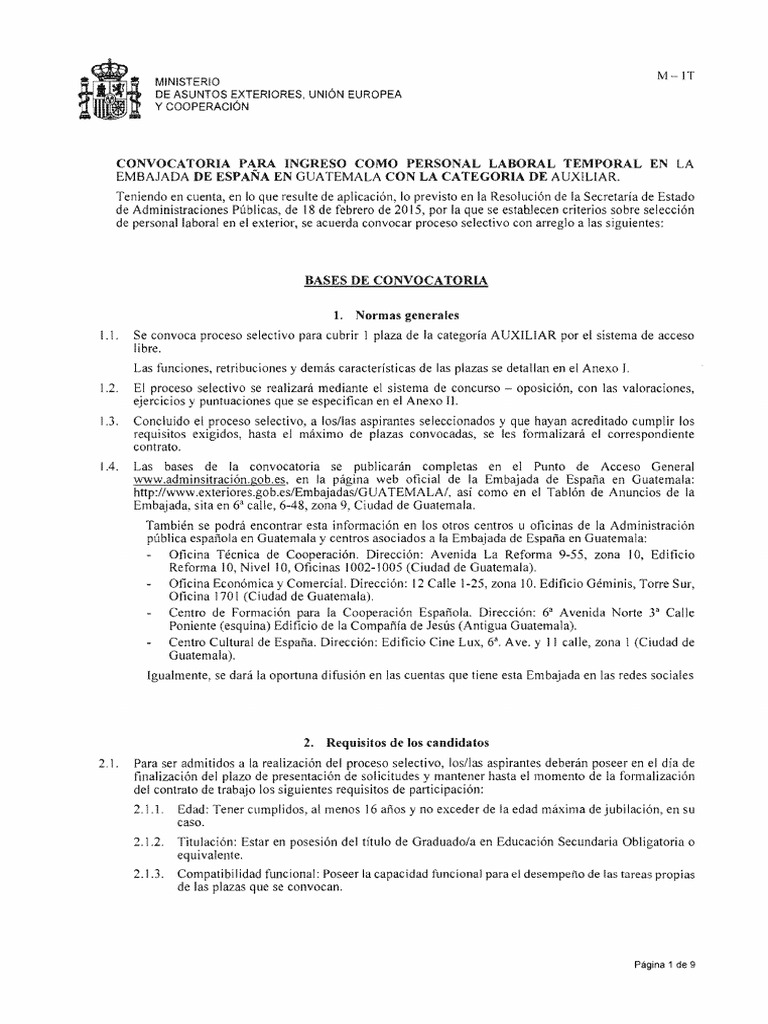 Bases Convocatoria 1 Plaza Personal Laboral Temporal Auxiliar 12 Meses ...