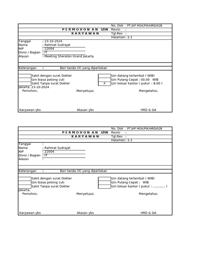 Form Izin Sakit Dengan Surat Dokter | PDF