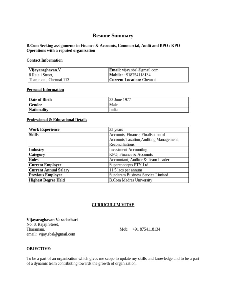 Vijay_Finance Updated BIO DATA | PDF | Audit | Accountant