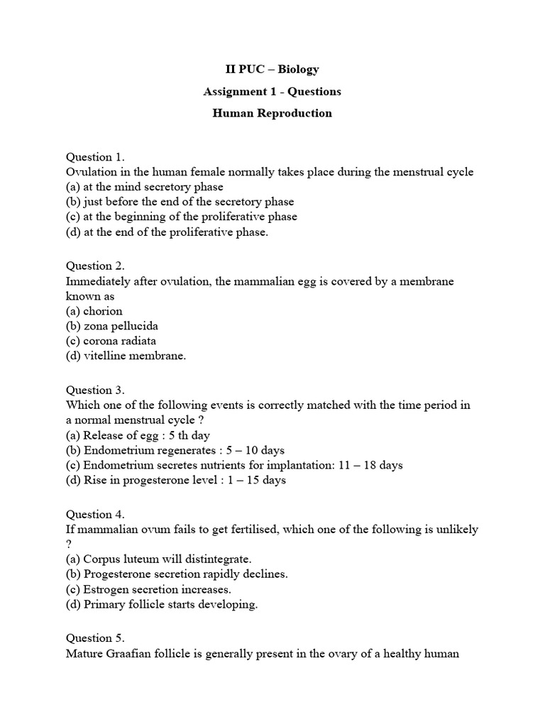II PUC - Biology Assignment 1 - Questions Human Reproduction | PDF ...