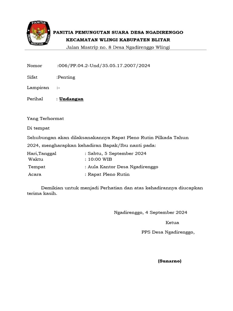 Undangan Rapat Pleno Pilkada 2024 | PDF