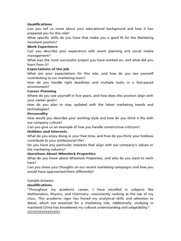 Possible+Interview+Questions+for+Marketing+Assistant+Position | PDF ...