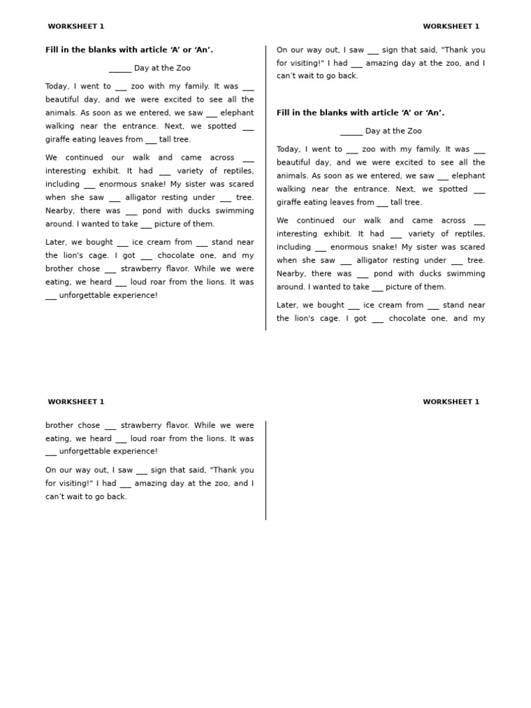 Fill in the blanks with article | PDF | Zoo