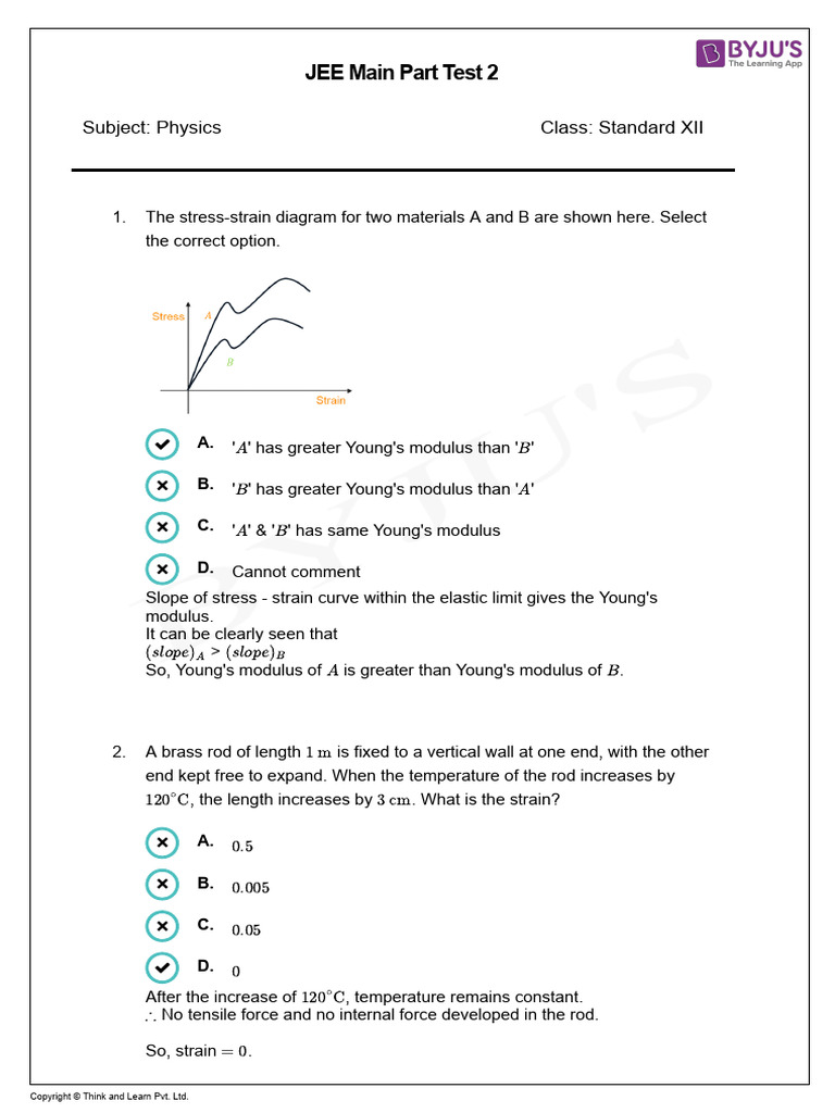 JEE Main Part Test-2-Solutions | PDF | Young's Modulus | Deformation ...
