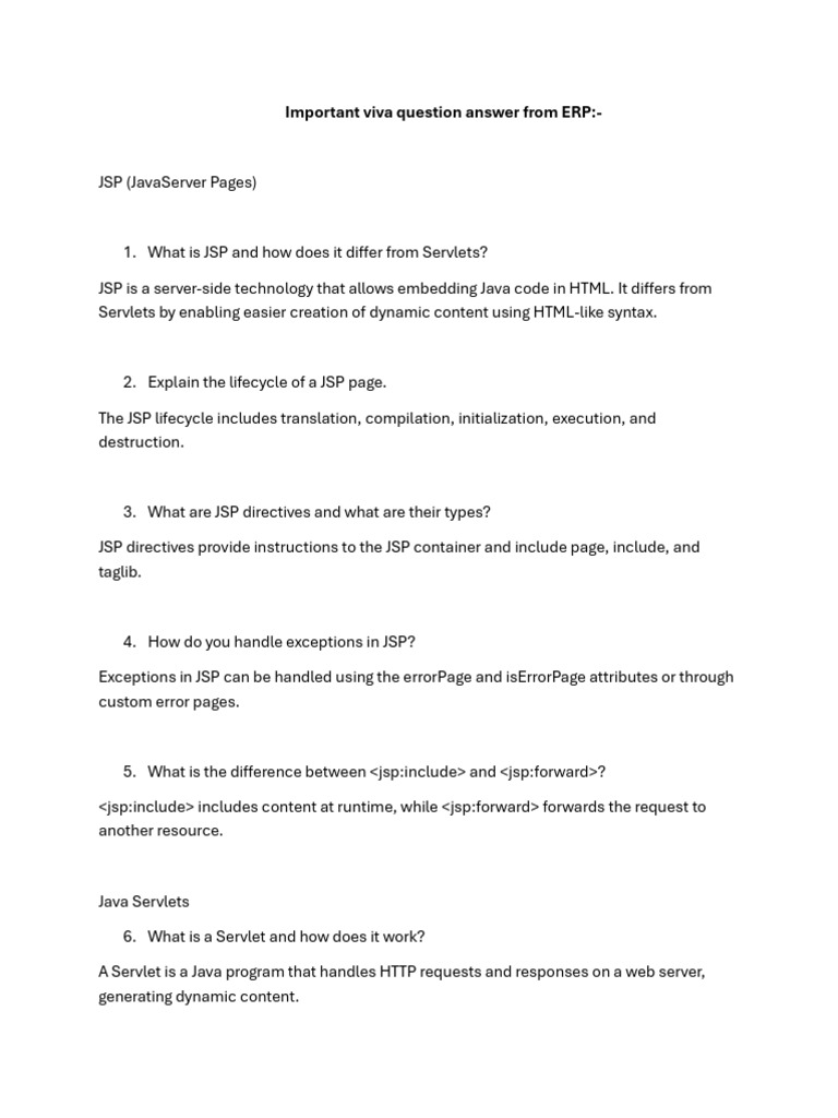 Key ERP Viva Questions on JSP, Servlets, JDBC, Hibernate, Spring | PDF ...