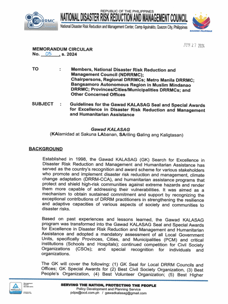 NDRRMC 05-2024_GUIDELINES FOR GAWAD KALASAG SEAL AND SPECIAL AWARDS | PDF