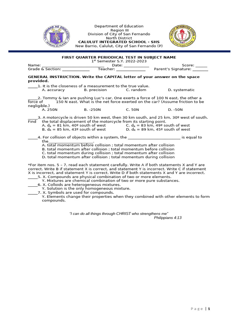 SHS First Quarter Test 2022-2023 | PDF | Force | Momentum