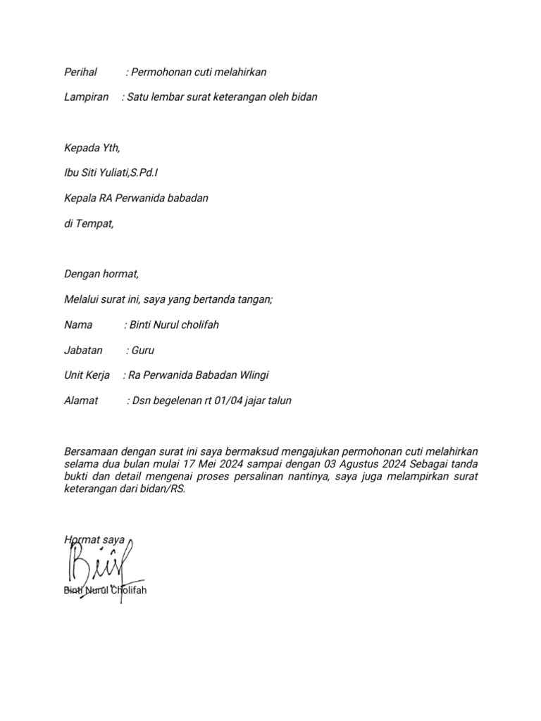 Surat Permohonan Cuti Melahirkan | PDF