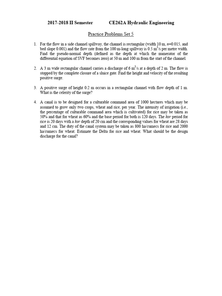 Hydraulic Engineering Practice Problems | PDF