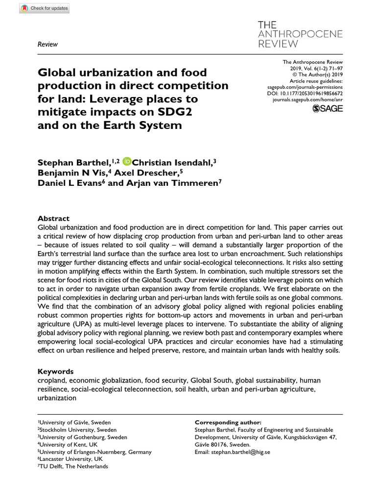 Global Urbanization and Food Production in Direct Competition For Land ...