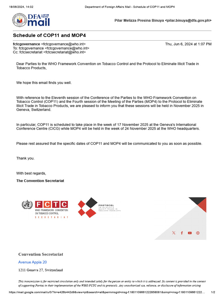 Schedule of Who FCTC Cop11 Mop4 | PDF