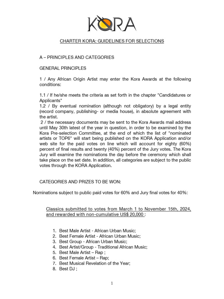 Kora Awards Selection Guidelines 2024 | PDF | Justice | Crime & Violence