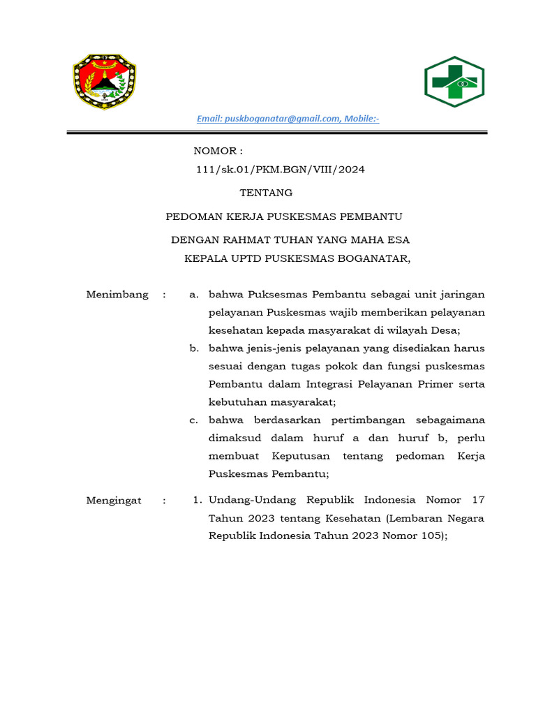 9.boganatar - SK Pedoman Kerja Di Pustu | PDF