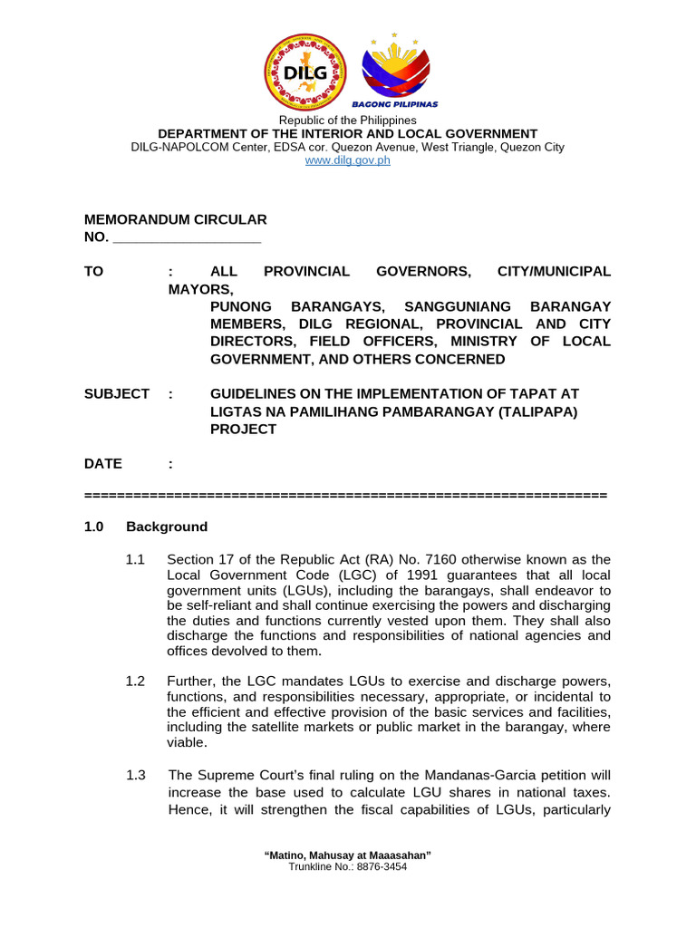 Talipapa Project Implementation Guidelines | PDF | Sanitation | Public Toilet