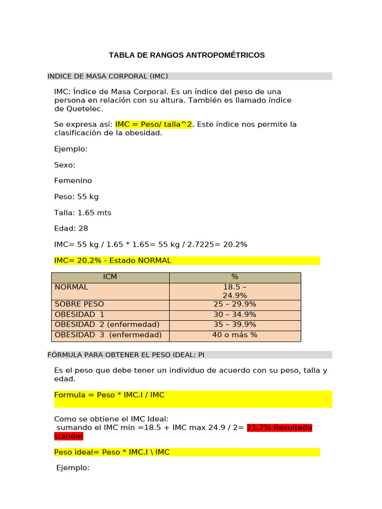 1 - Tabla de Medidas Antropometricas | PDF | Índice de masa corporal | Obesidad