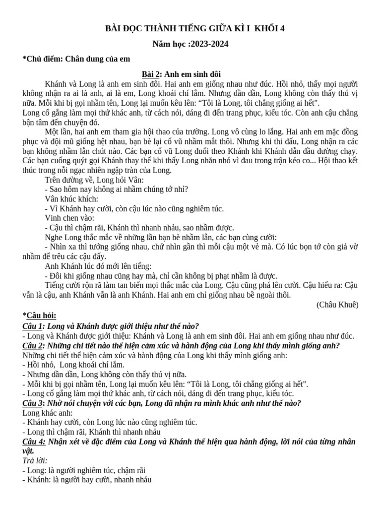 BÀI ĐỌC TIẾNG GKI K4 (23-24) | PDF