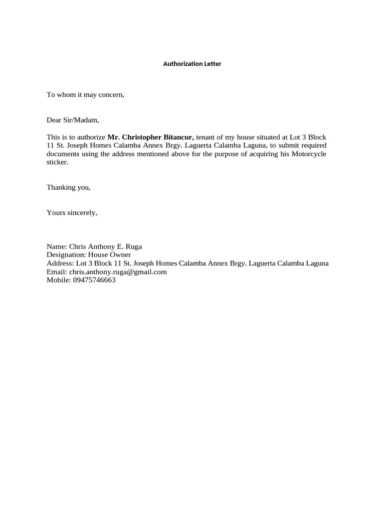 Authorization Letter Format | PDF