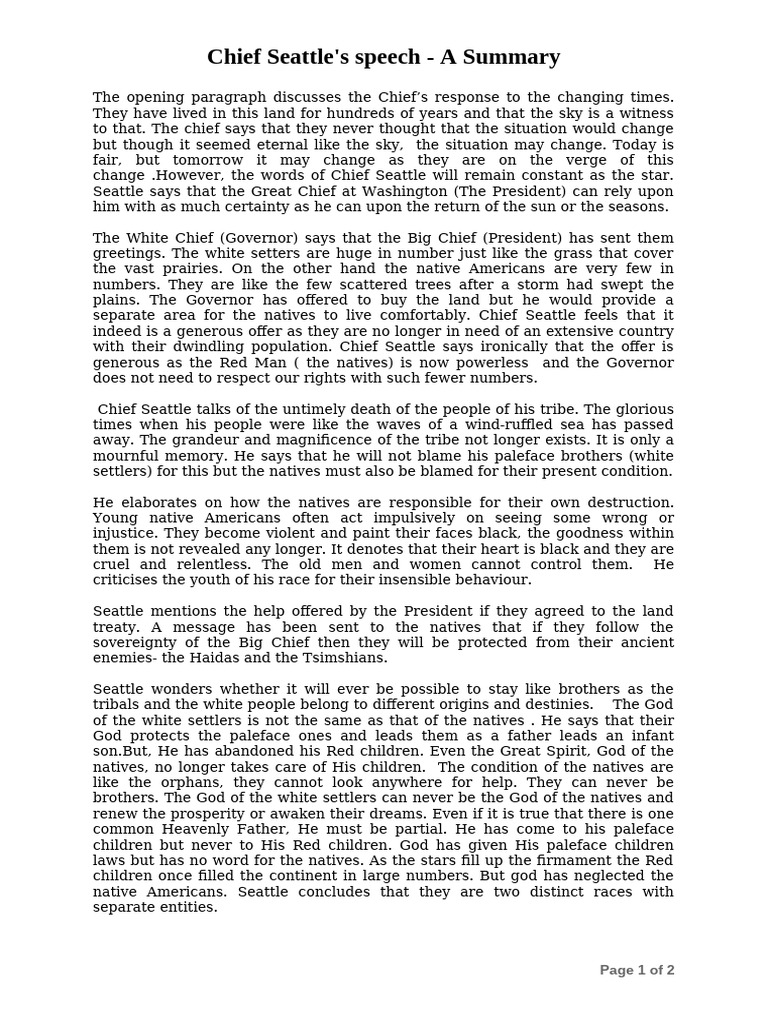 Chief Seattles Speech - A Summary | PDF | Native Americans In The ...
