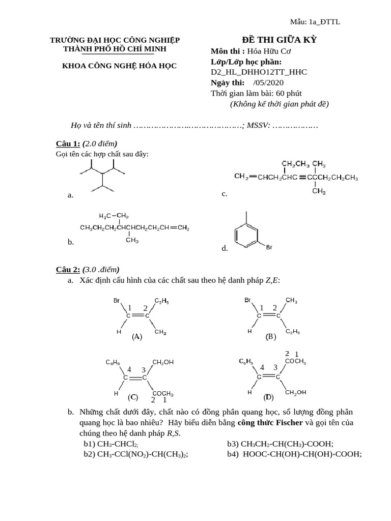 De thi giua ky HHC iuh | PDF