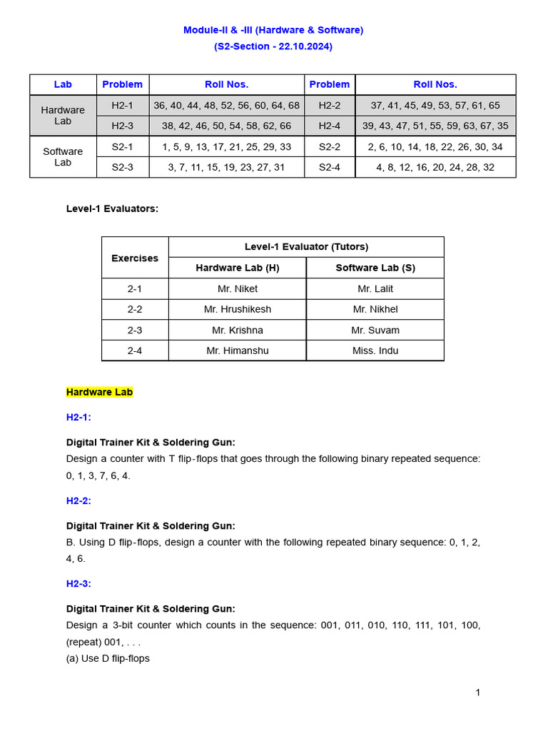 Level-1 Evaluators:: Module-II & - III (Hardware & Software) (S2-Section - 22.10.2024) | PDF ...