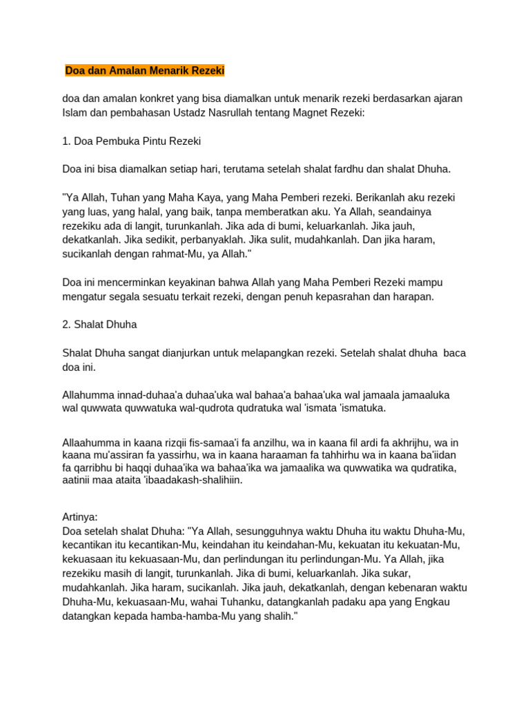 Doa dan Amalan Menarik Rezeki | PDF