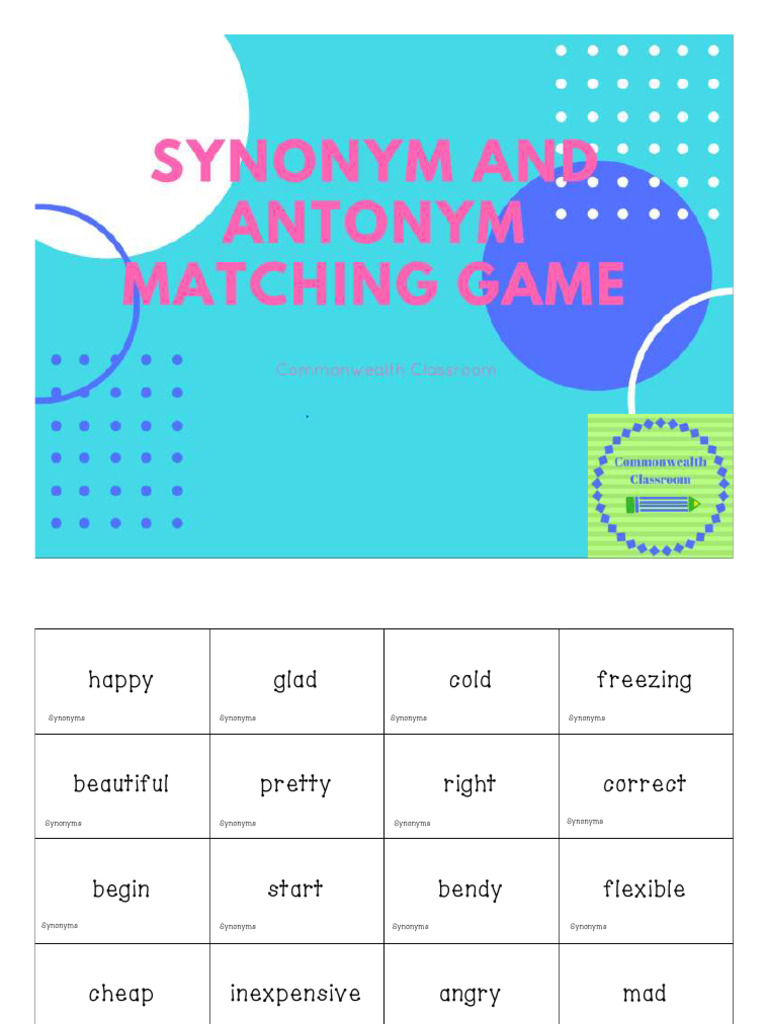 SynonymandAntonymMatchingGame 1 | PDF